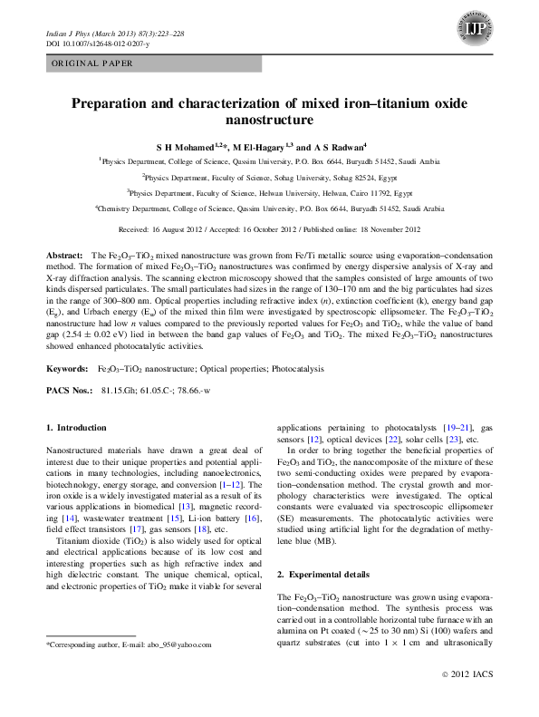 (PDF) Preparation and characterization of mixed iron–titanium oxide nanostructure
