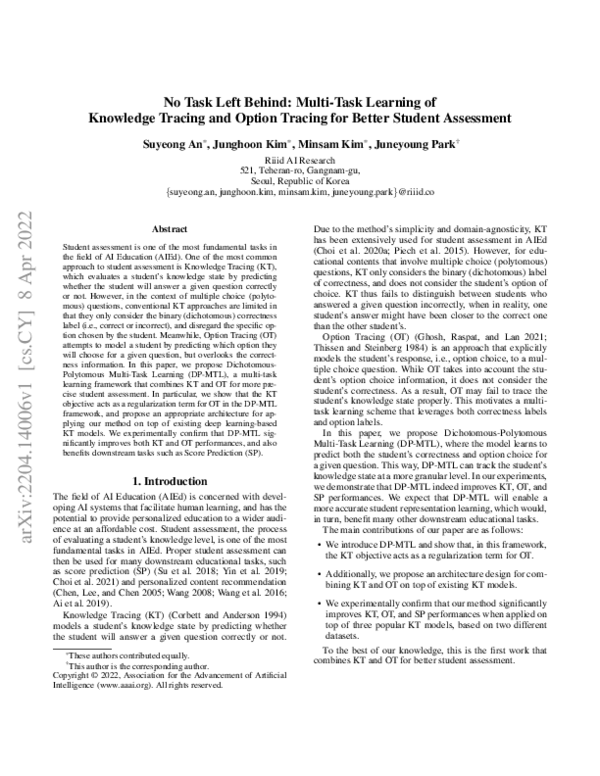 (PDF) No Task Left Behind: Multi-Task Learning of Knowledge Tracing and Option Tracing for ...