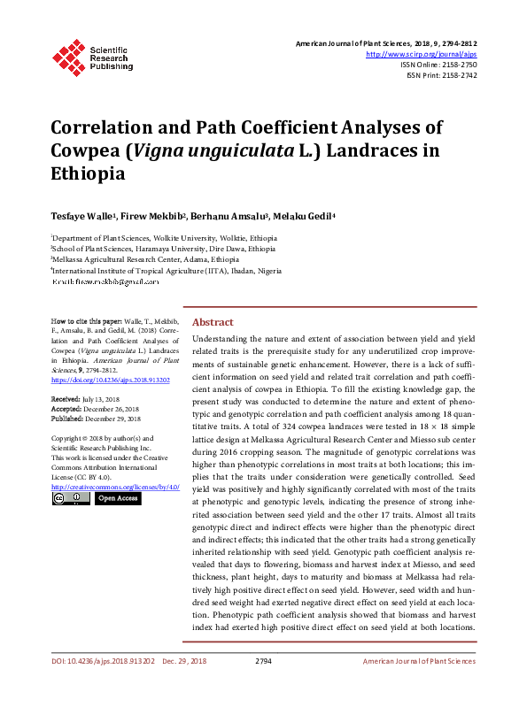 (PDF) Correlation and Path Coefficient Analyses of Cowpea ( Vigna unguiculata L.) Landraces in ...