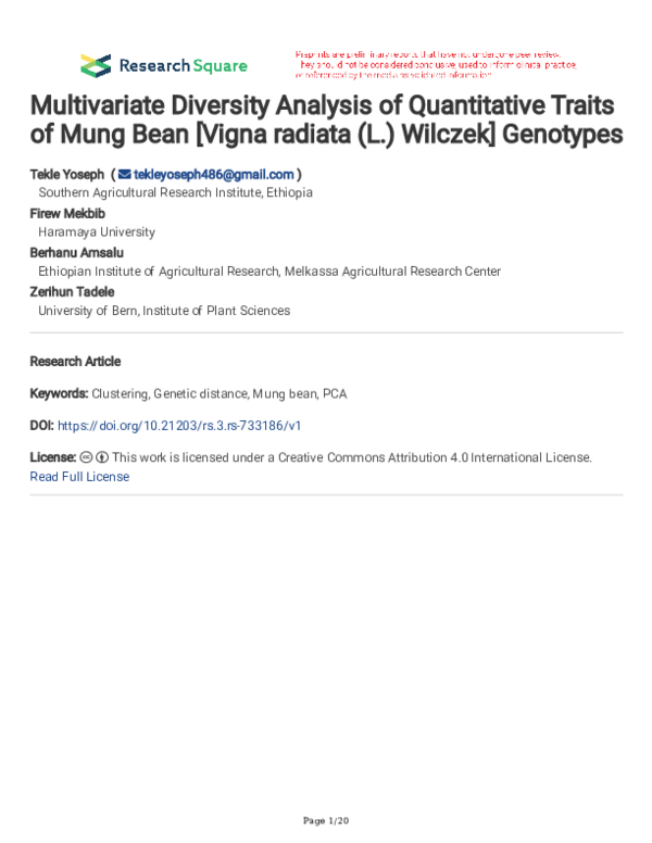 (PDF) Multivariate Diversity Analysis of Quantitative Traits of Mung Bean [Vigna radiata (L ...