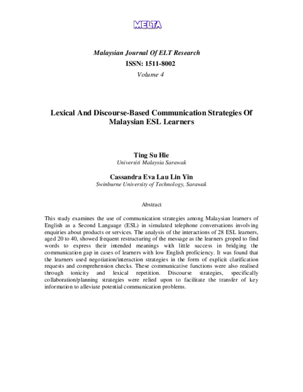 (PDF) Lexical and discourse-based communication strategies of Malaysian ESL learners | Cassandra ...