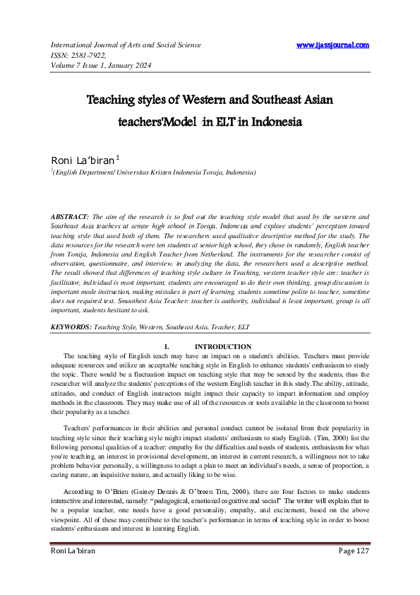 (PDF) Teaching styles of Western and Southeast Asian teachers'Model in ...