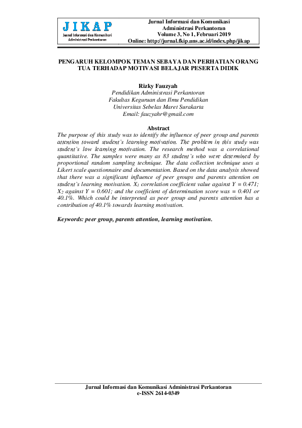 (PDF) Pengaruh Kelompok Teman Sebaya Dan Perhatian Orang Tua Terhadap Motivasi Belajar Peserta Didik