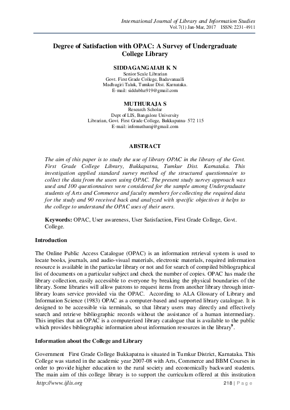 (PDF) Degree of Satisfaction with OPAC: A Survey of Undergraduate ...