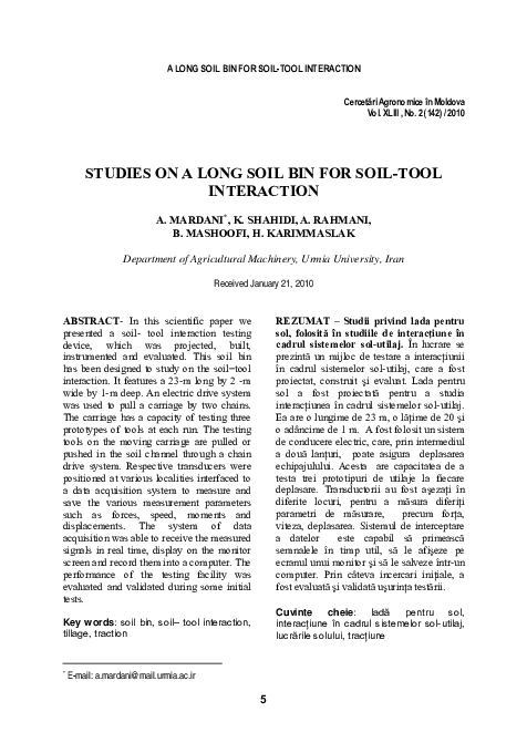 (PDF) Studies on a long soil bin for soil-tool interaction