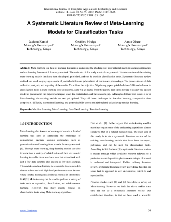 (PDF) A Systematic Literature Review of Meta-Learning Models for Classification Tasks | Aaron ...