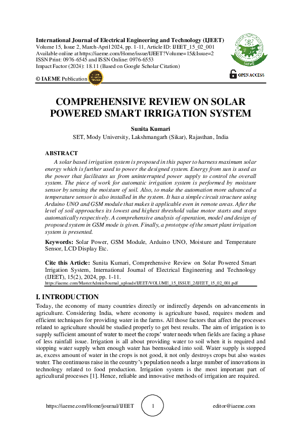 (PDF) COMPREHENSIVE REVIEW ON SOLAR POWERED SMART IRRIGATION SYSTEM