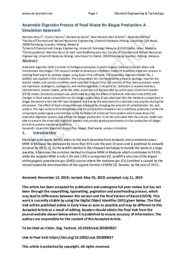 (PDF) Anaerobic Digestion Process of Food Waste for Biogas Production: A Simulation Approach