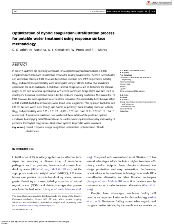 (PDF) Optimization of hybrid coagulation-ultrafiltration process for potable water treatment ...