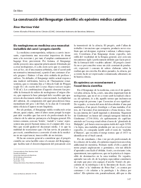 (PDF) La construcció del llenguatge científic: els epònims mèdics catalans