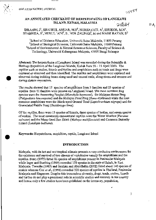 (PDF) An Annotated Checklist Of Herpetofauna Of Langkawi Island, Kedah, Malaysia