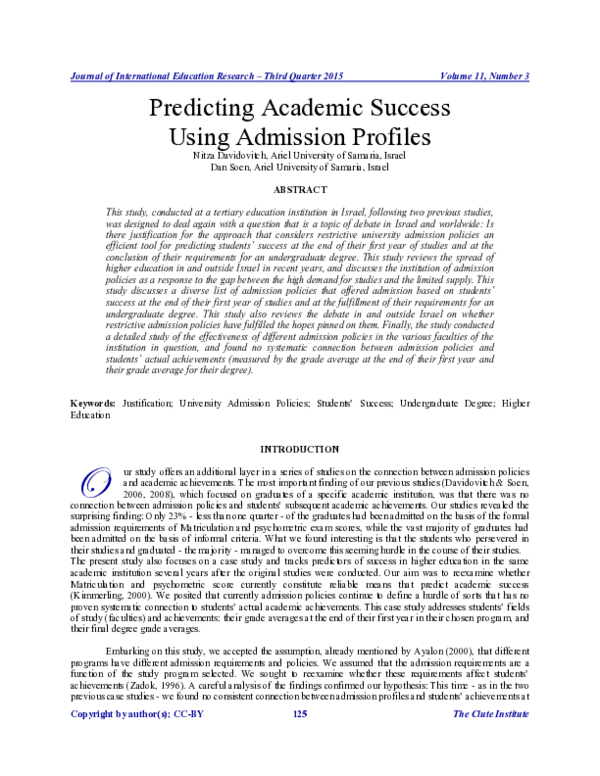 (PDF) Predicting Academic Success Using Admission Profiles