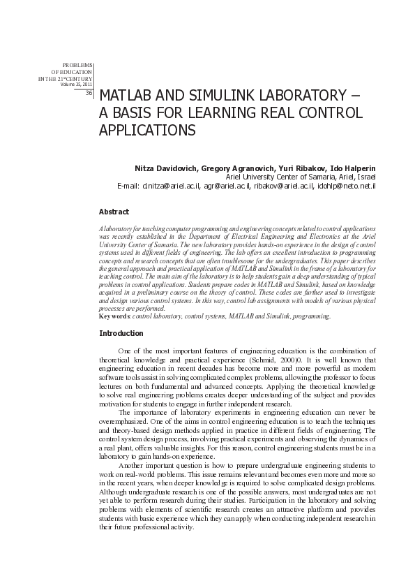 Pdf Matlab And Simulink Laboratory A Basis For Learning Real Control Applications