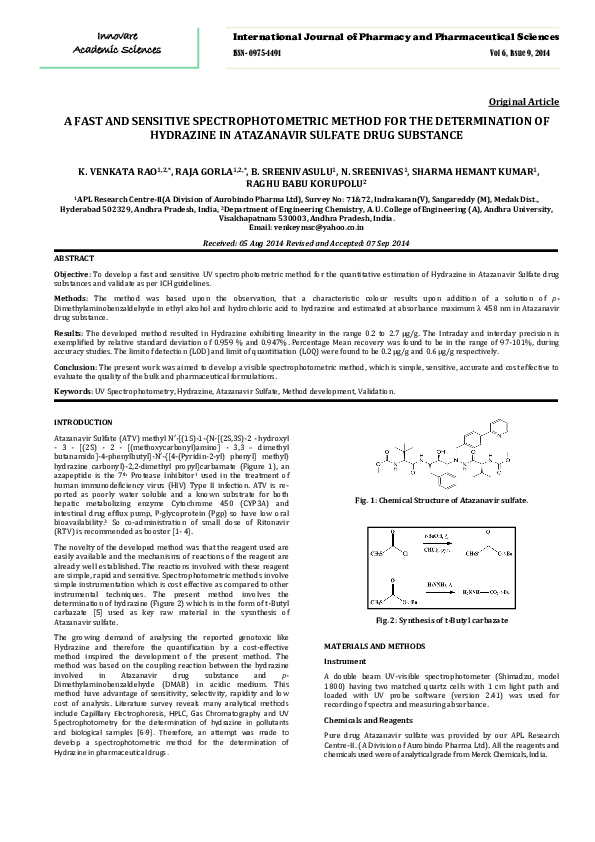 (PDF) A FAST AND SENSITIVE SPECTROPHOTOMETRIC METHOD FOR THE DETERMINATION OF HYDRAZINE IN ...