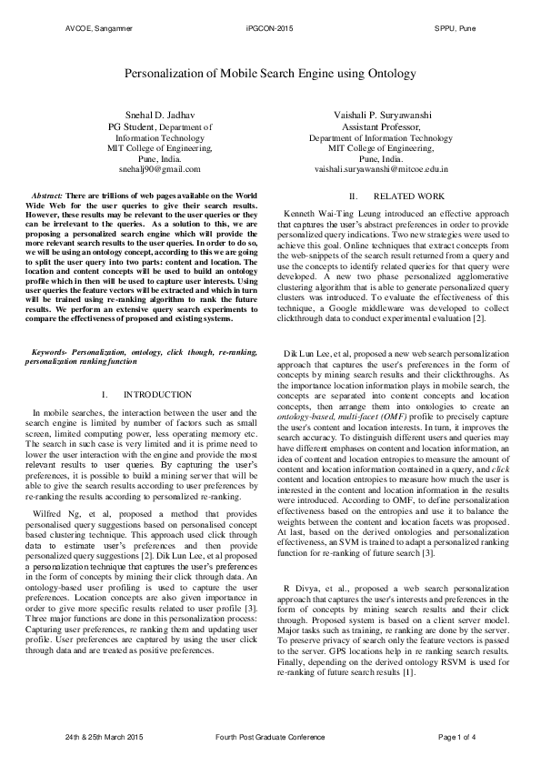 (PDF) Personalization of Mobile Search Engine using Ontology