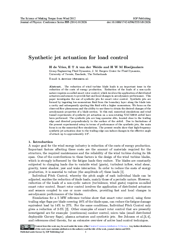 (PDF) Synthetic jet actuation for load control | Hein De Vries ...