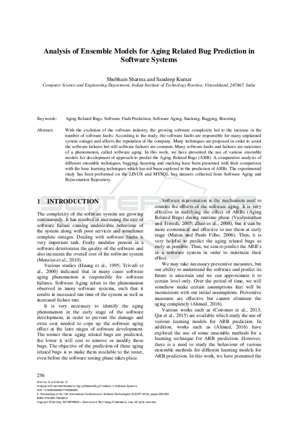 Pdf Analysis Of Ensemble Models For Aging Related Bug Prediction In Software Systems Shubham 