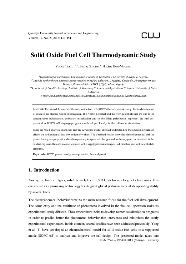 (PDF) Solid Oxide Fuel Cell Thermodynamic Study