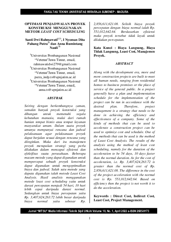 (PDF) Optimasi Penjadwalan Proyek Konstruksi Menggunakan Metode Least Cost Scheduling