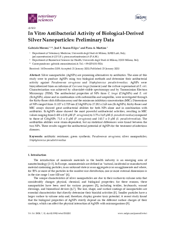 (PDF) In Vitro Antibacterial Activity of Biological-Derived Silver Nanoparticles: Preliminary Data