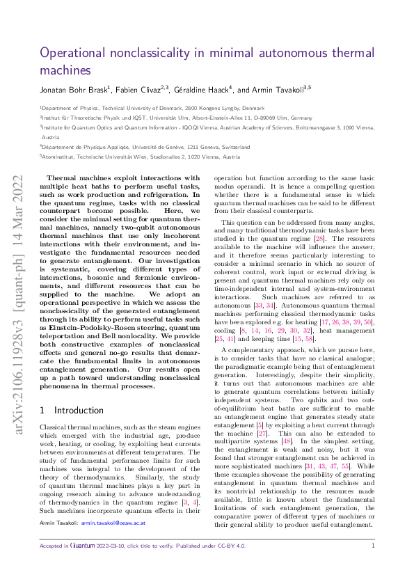Pdf Operational Nonclassicality In Minimal Autonomous Thermal Machines Geraldine Haack