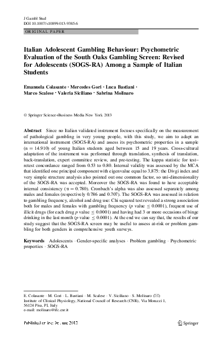 (PDF) Italian Adolescent Gambling Behaviour: Psychometric Evaluation of ...