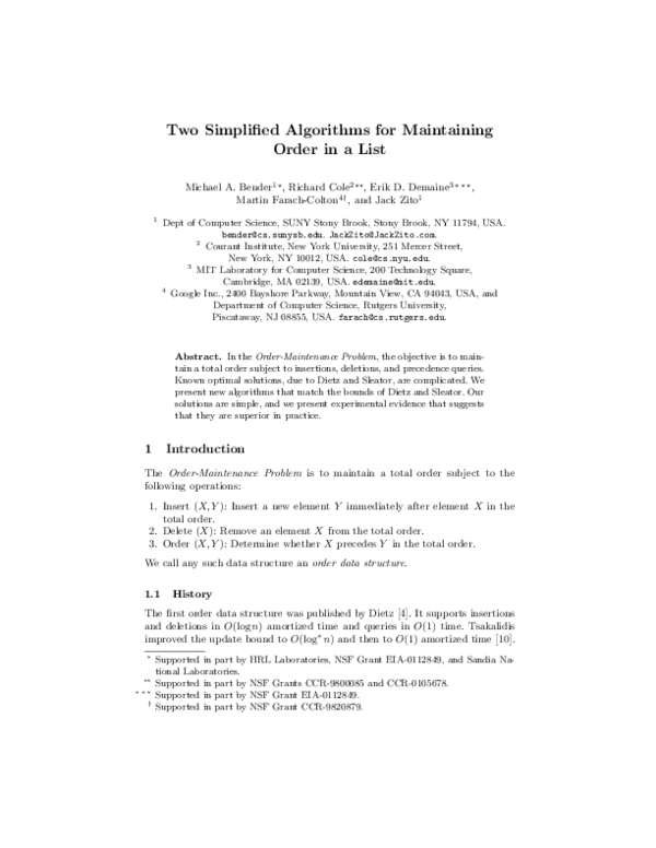 (PDF) Two Simplified Algorithms for Maintaining Order in a List