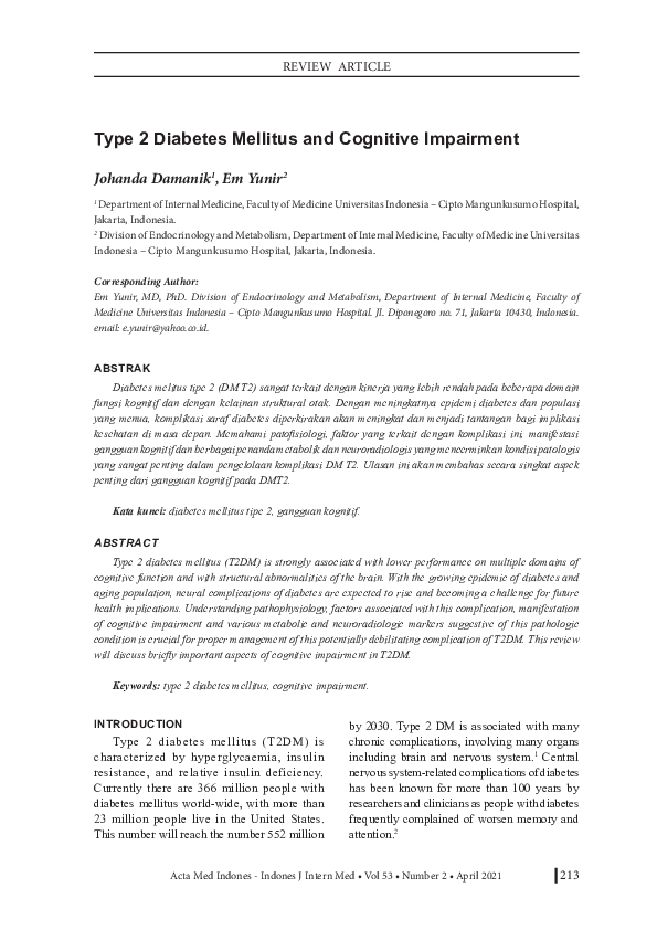 (PDF) Type 2 Diabetes Mellitus and Cognitive Impairment