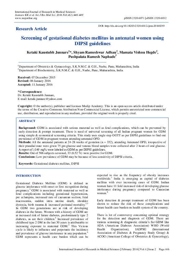 (PDF) Screening of gestational diabetes mellitus in antenatal women ...