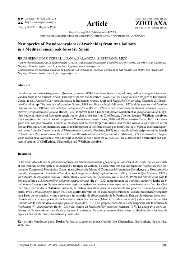 (PDF) New species of Pseudoscorpiones (Arachnida) from tree hollows in ...