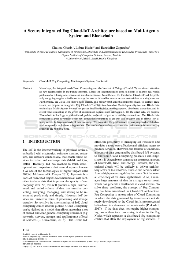 Pdf A Secure Integrated Fog Cloud Iot Architecture Based On Multi Agents System And Blockchain