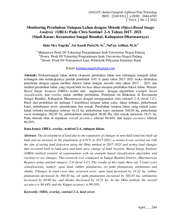 (PDF) Monitoring Perubahan Tutupan Lahan dengan Metode Object-Based Image Analysis (OBIA) Pada ...