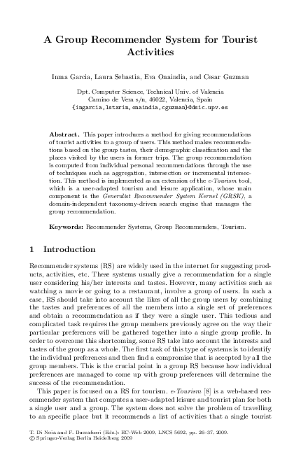 (PDF) A Group Recommender System for Tourist Activities
