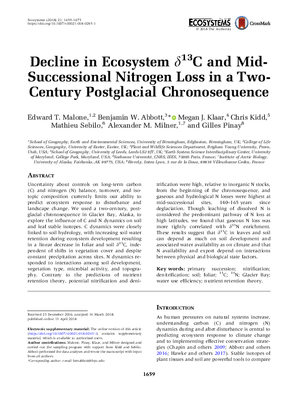 Decline in Ecosystem δ13C and Mid-Successional Nitrogen Loss in a Two ...