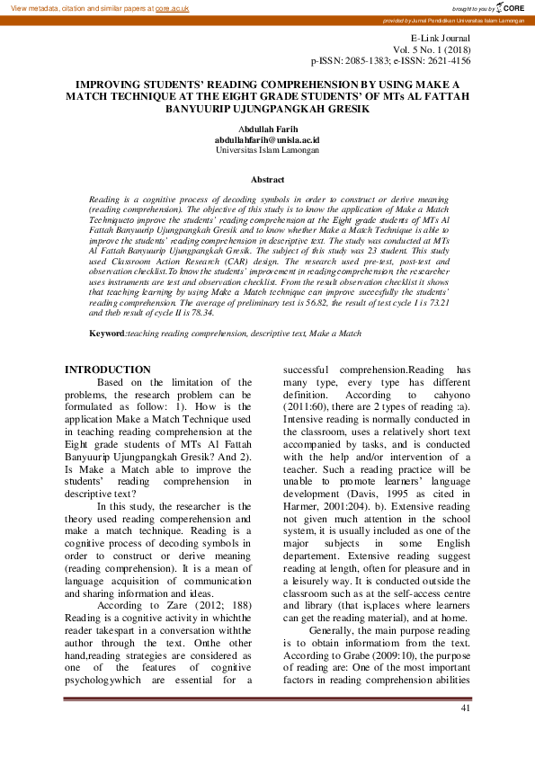 (PDF) IMPROVING STUDENTS’ READING COMPREHENSION BY USING MAKE A MATCH TECHNIQUE AT THE EIGHT ...