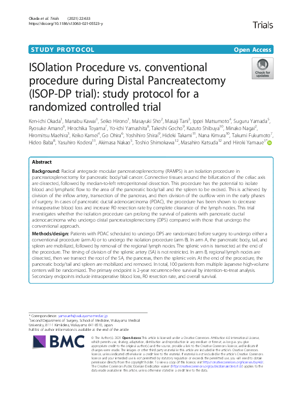 (PDF) ISOlation Procedure vs. conventional procedure during Distal Pancreatectomy (ISOP-DP trial ...