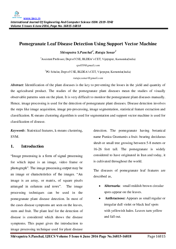 Pdf Pomegranate Leaf Disease Detection Via Svm