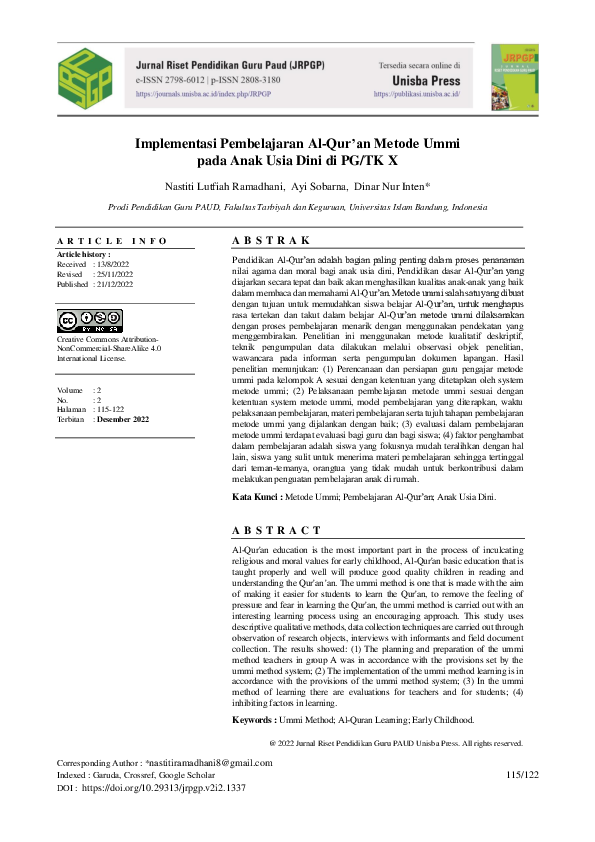 (PDF) Implementasi Pembelajaran Al-Qur’an Metode Ummi pada Anak Usia Dini di PG/TK X