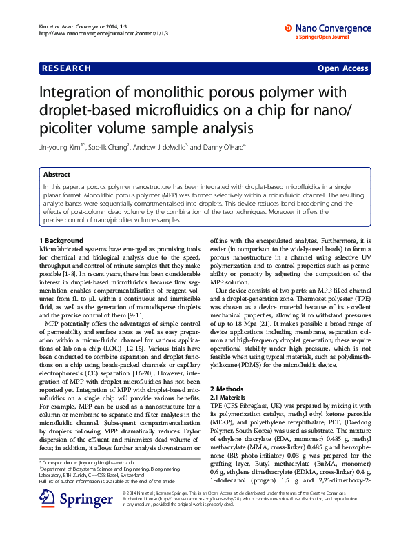 (PDF) Integration of monolithic porous polymer with droplet-based microfluidics on a chip for ...