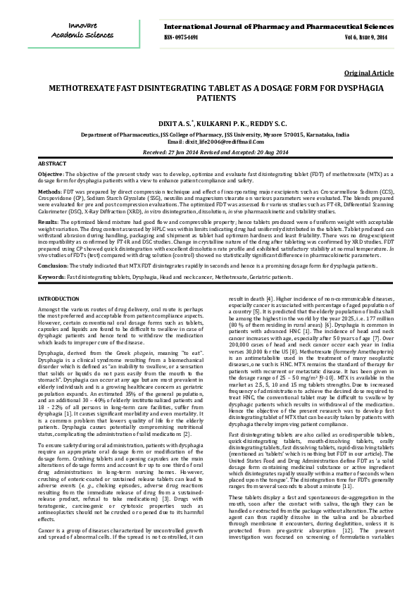 (PDF) Fast Disintegrating Methotrexate Tablet for Dysphagia