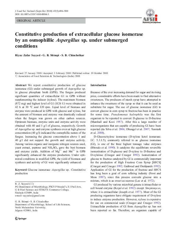 (PDF) Constitutive production of extracellular glucose isomerase by an osmophillic Aspergillus ...