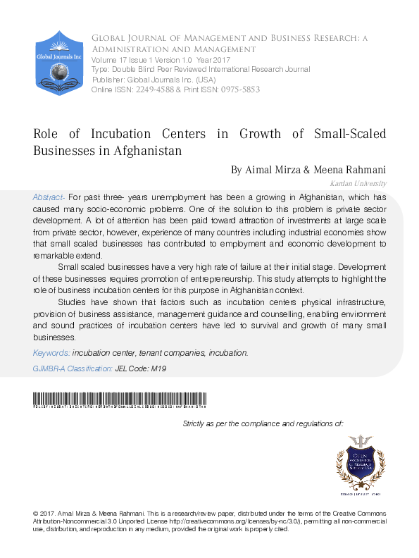 (PDF) Role of Incubation Centers in Growth of Small-Scaled Businesses ...