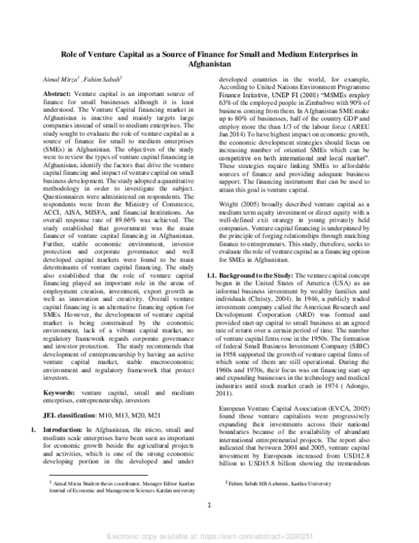 (PDF) Role of Venture Capital as a Source of Finance for Small and ...