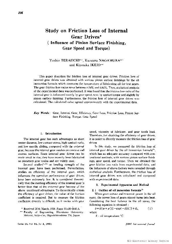 (PDF) Study on friction loss of internal gear drives. Influence of ...