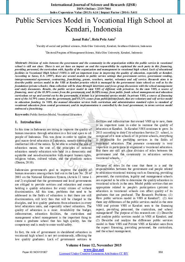 (PDF) Public Services Model in Vocational High School at Kendari, Indonesia