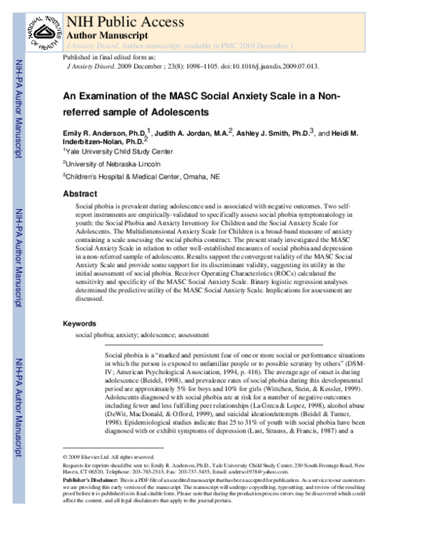(PDF) An examination of the MASC social anxiety scalein a non-referred ...