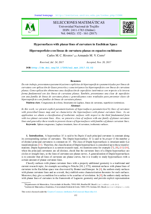 (PDF) Hypersurfaces with planar lines of curvature in Euclidean Space | ARMANDO MAURO VASQUEZ ...