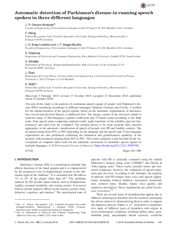 (PDF) Automatic detection of Parkinson's disease in running speech ...