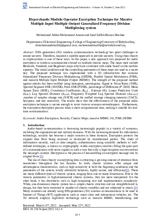 Pdf Hyperchaotic Modulo Operator Encryption Technique For Massive Multiple Input Multiple