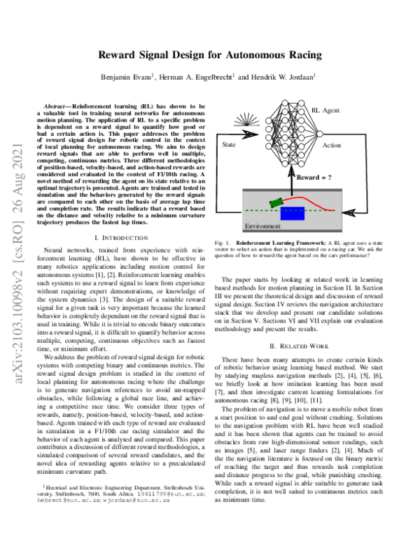 (PDF) From Navigation to Racing: Reward Signal Design for Autonomous Racing | Willem Jordaan ...